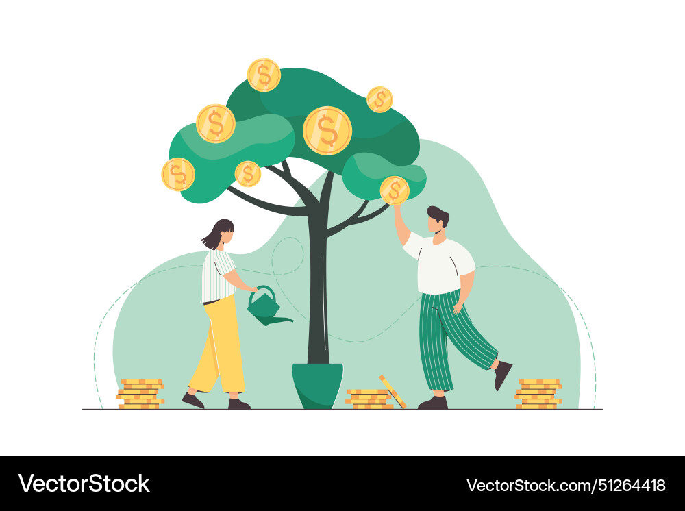Flat people watering money tree and picking Vector Image