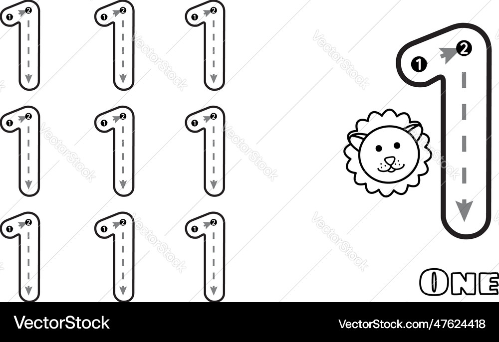 Number one trace practice worksheet for prek kids Vector Image