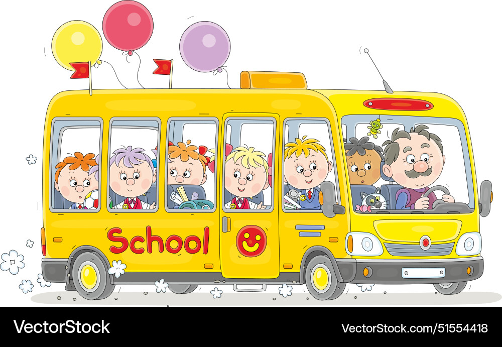 School bus with a funny driver and passengers Vector Image