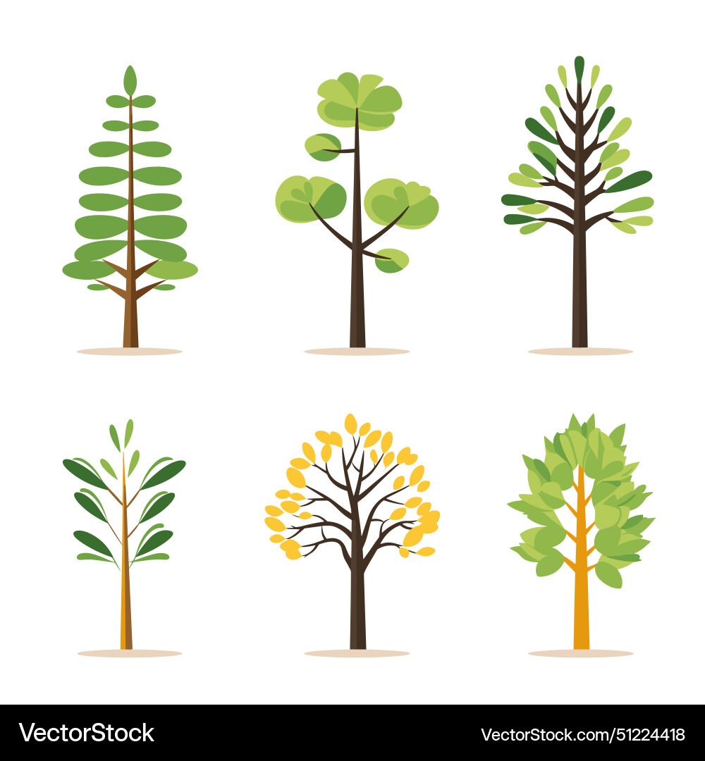 Six different cartoon trees varying leaf shapes Vector Image