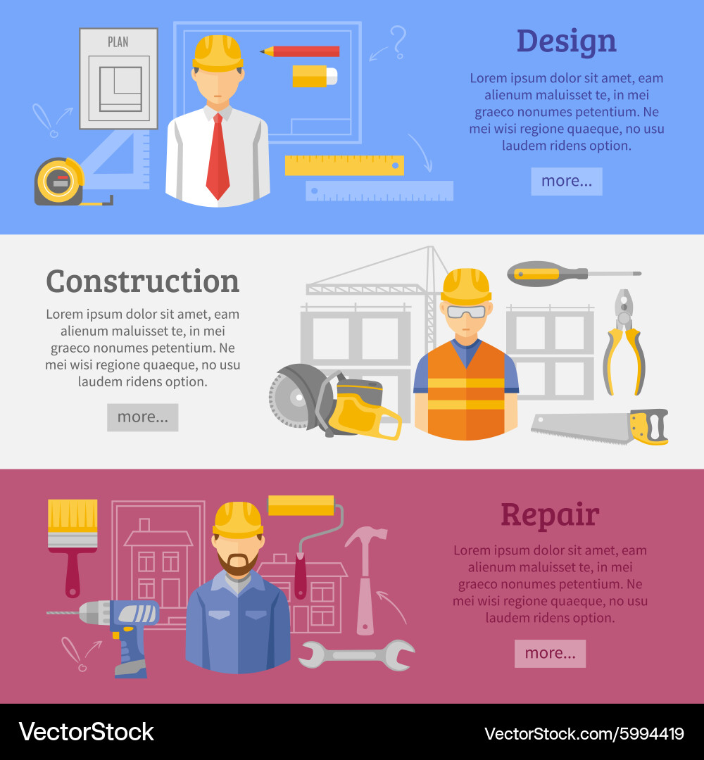 Construction works concept horizontal banners set Vector Image