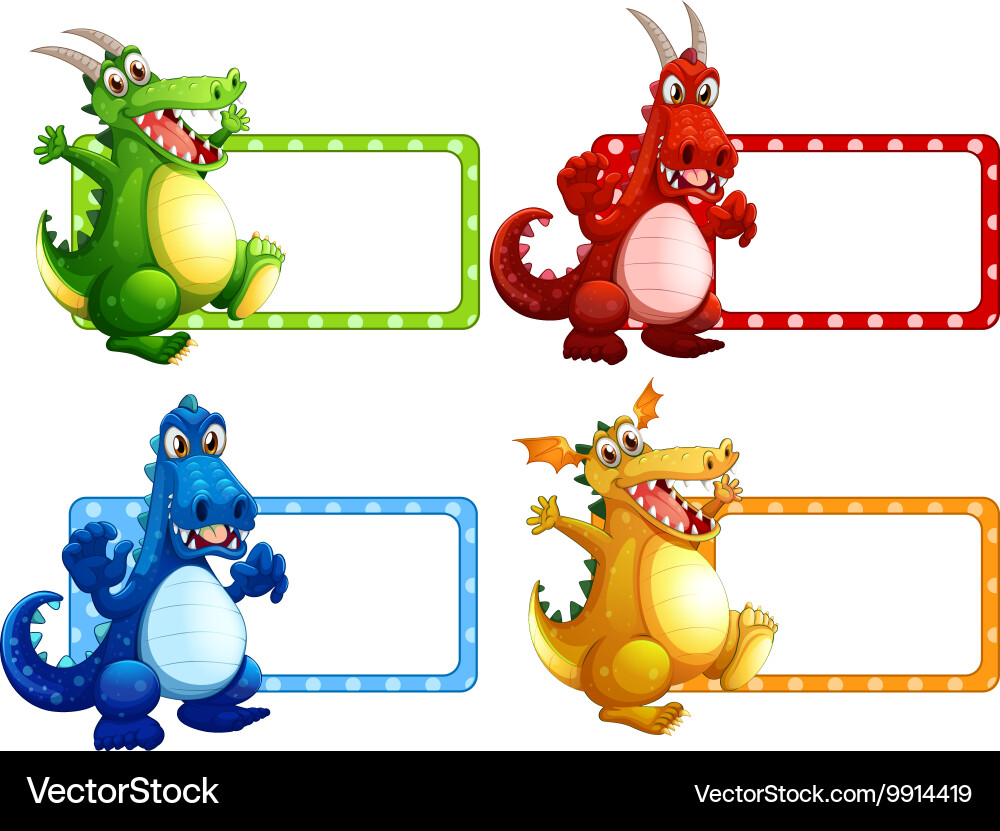 Label design with many dragons Royalty Free Vector Image