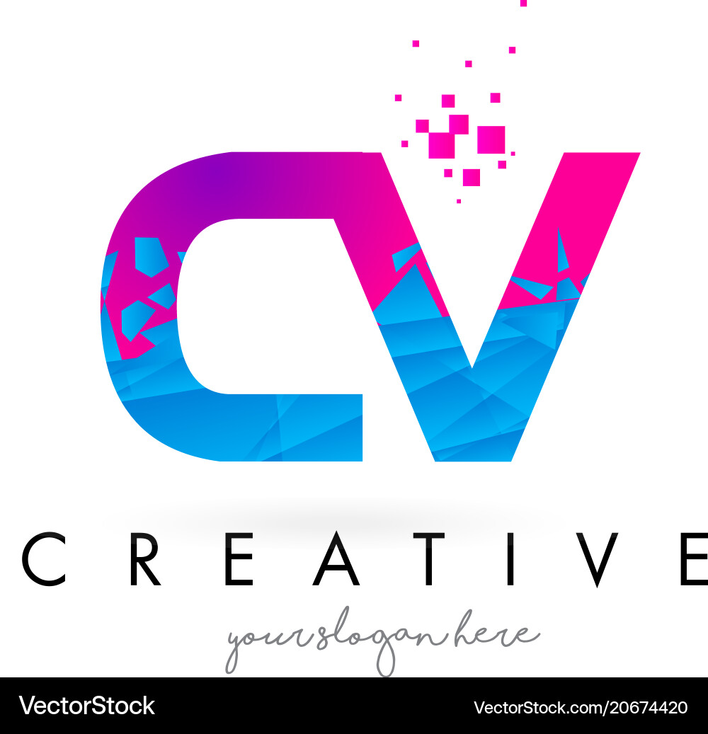 Cv c v letter logo with shattered broken blue Vector Image