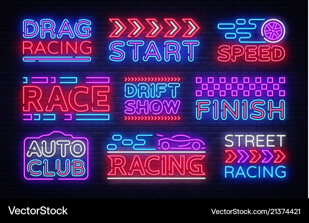 Big collection racing neon sign design Royalty Free Vector