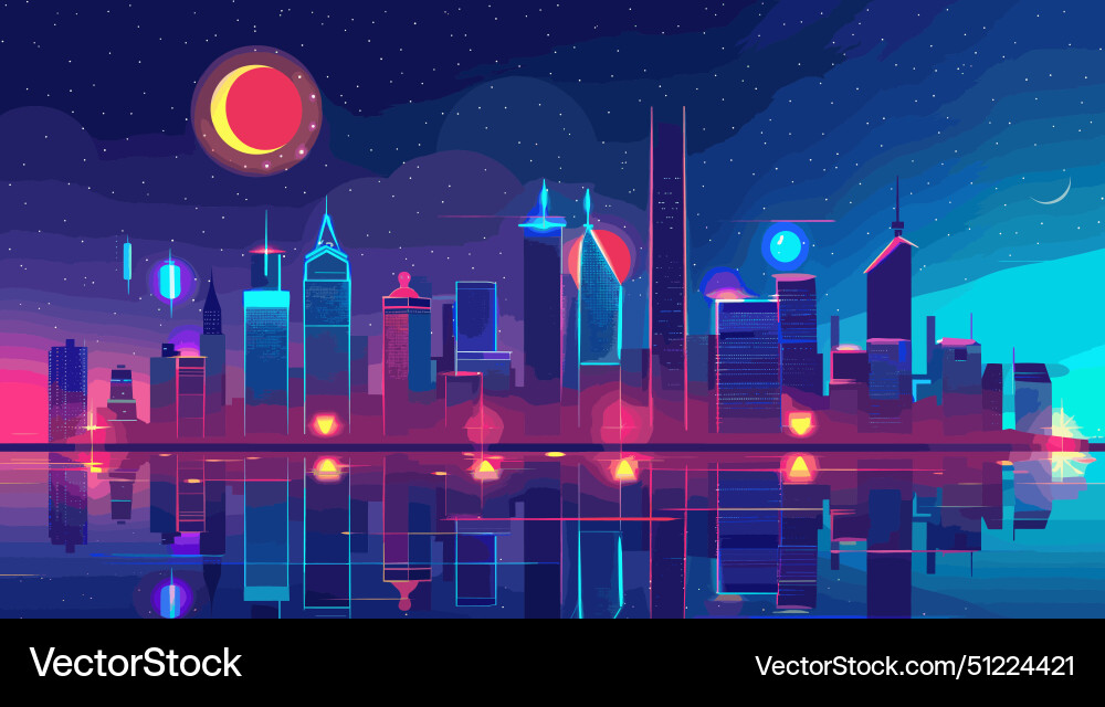 Futuristic cityscape neon colors reflected water Vector Image