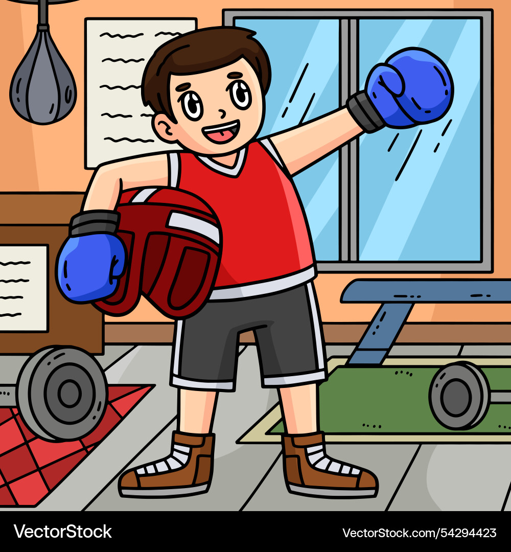 Boxing boxer holding headgear colored cartoon Vector Image