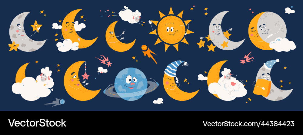 Cartoon moon flat icons Royalty Free Vector Image