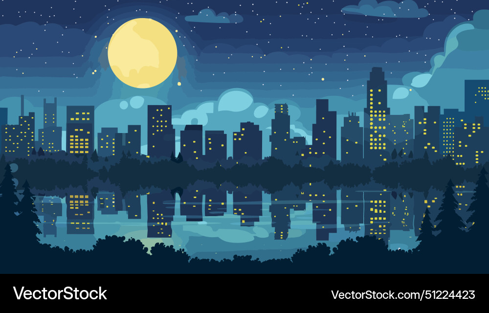 Nighttime cityscape featuring Royalty Free Vector Image