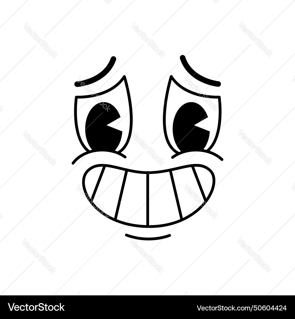 Cartoon funny comic groovy face with guilty smile Vector Image