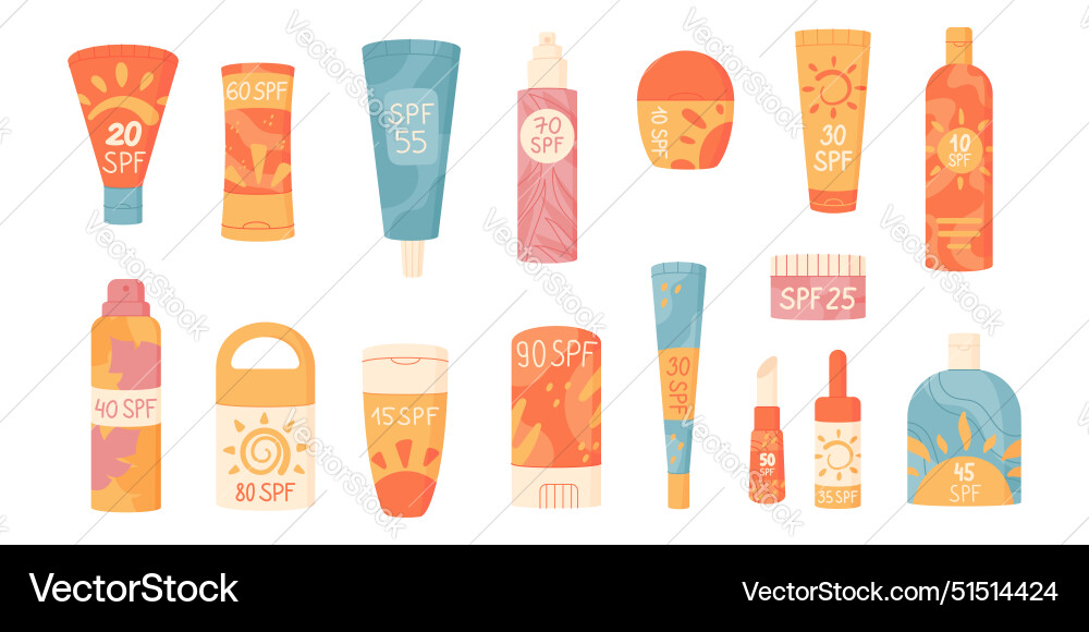 Cartoon spf cream and sunscreen lotion collection Vector Image