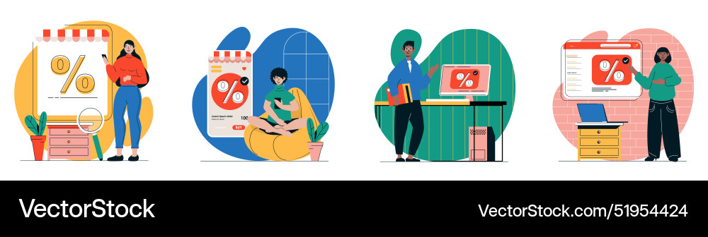 Discount sales concept with people scenes set Vector Image