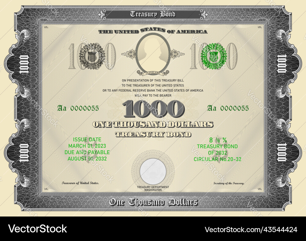 Gray one thousand us dollar treasury bond vintage Vector Image