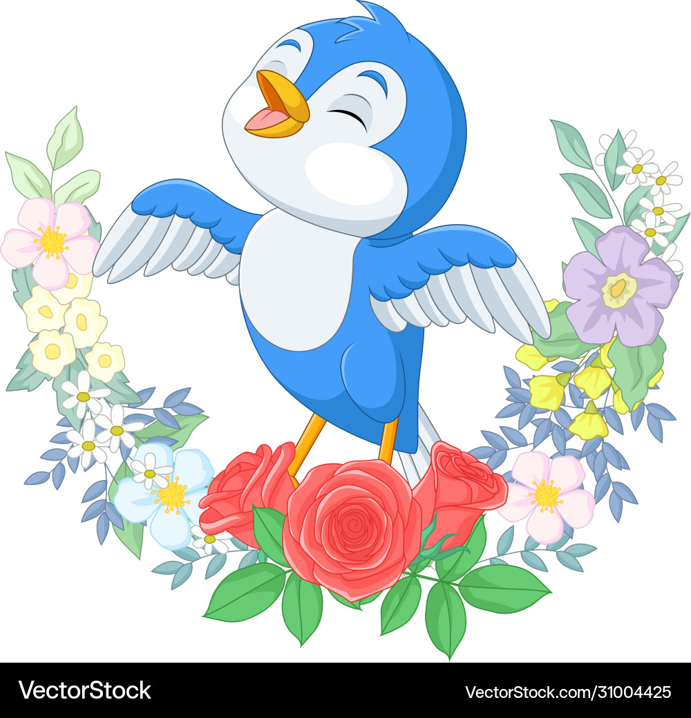 Cartoon blue bird singing on tree branch Vector Image