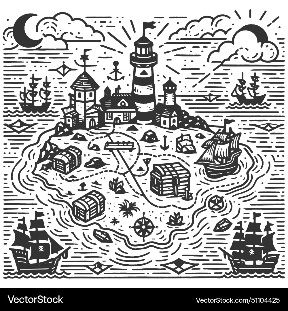 Pirate treasure map with sailing ships Royalty Free Vector