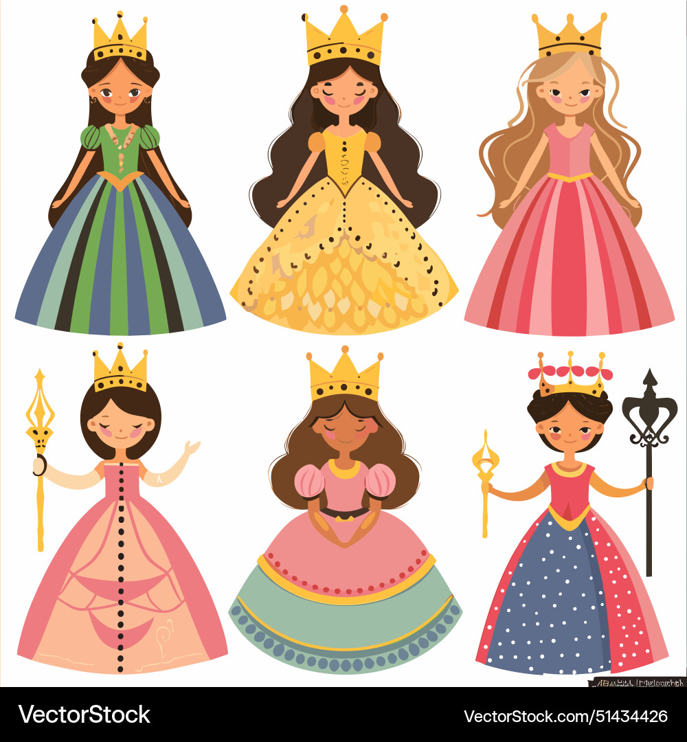 Six cartoon princesses diverse ethnicities Vector Image