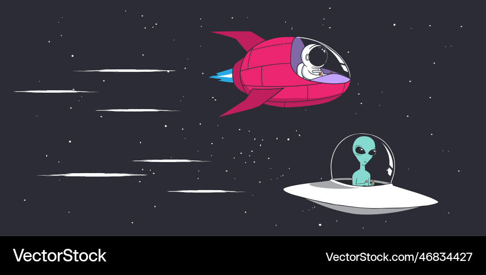 Astronaut and alien compete on flying saucers Vector Image