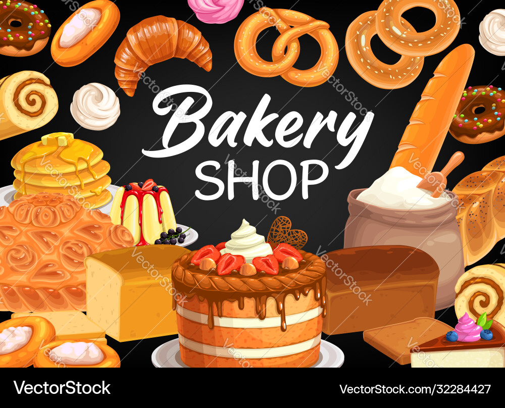 Bakery shop poster bread pastry and sweets Vector Image