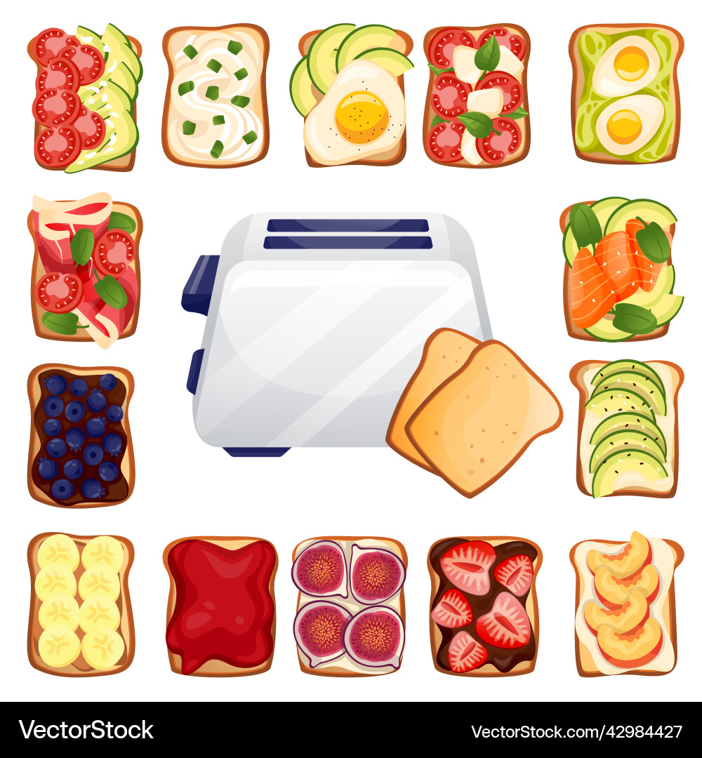Toasted bread with various toppers and toaster Vector Image