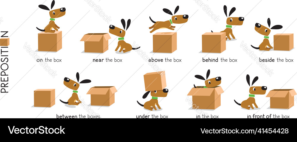 Preposition of place set dog and the boxes Vector Image