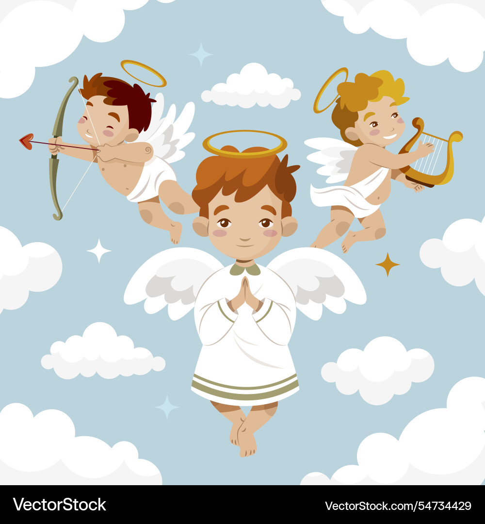 Angels in the Sky with Harps and Arrows Royalty Free Vector