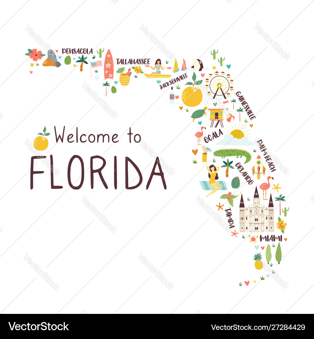 Florida Map with Icons & Animals Royalty Free Vector