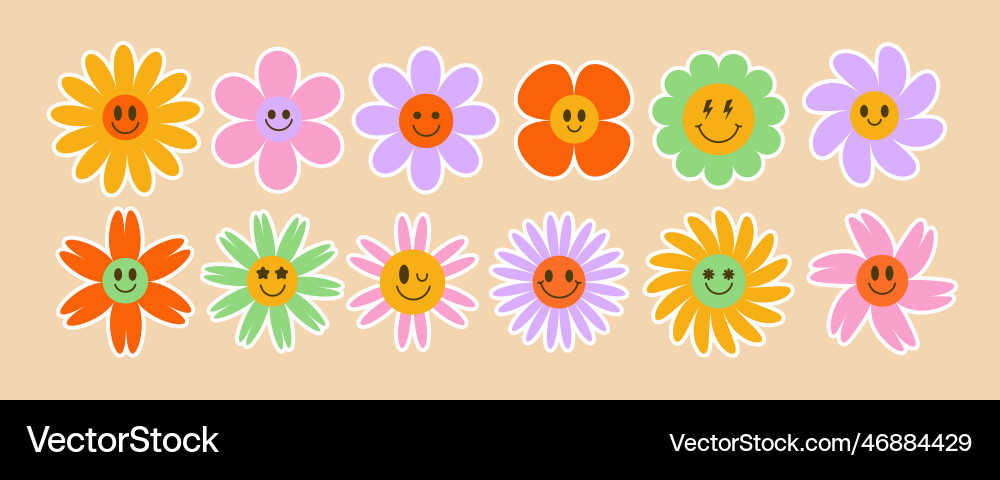 Retro Floral Daisy Faces Royalty Free Vector Image