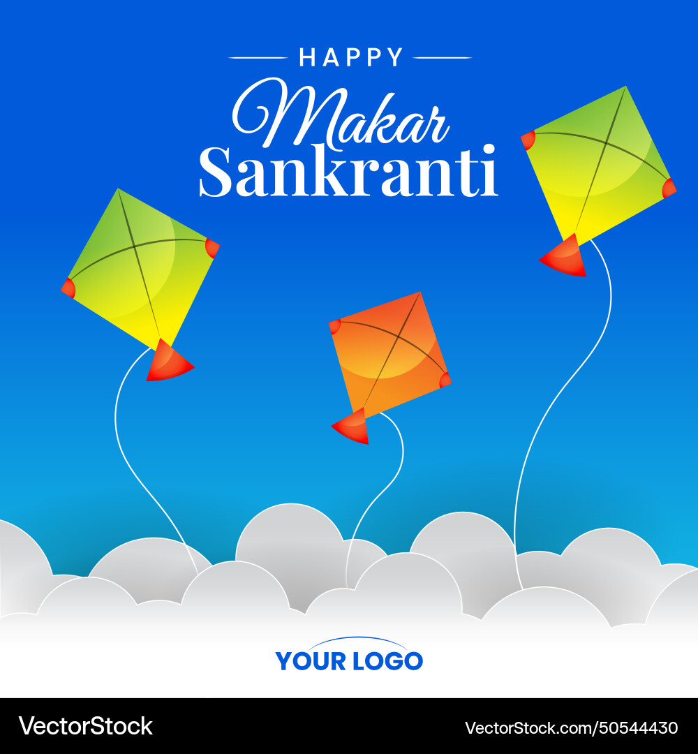 Makar sankranti kites flying in clouds greeting Vector Image