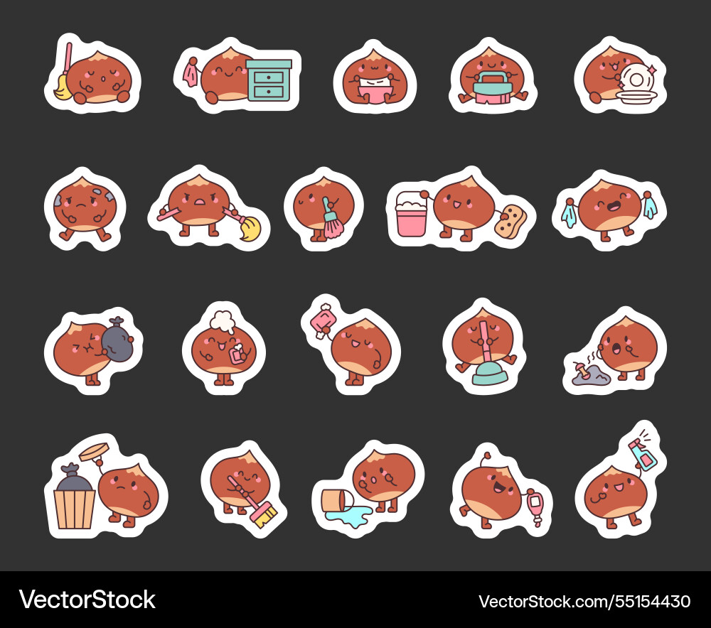 Set of chestnut performing cleaning tasks Vector Image