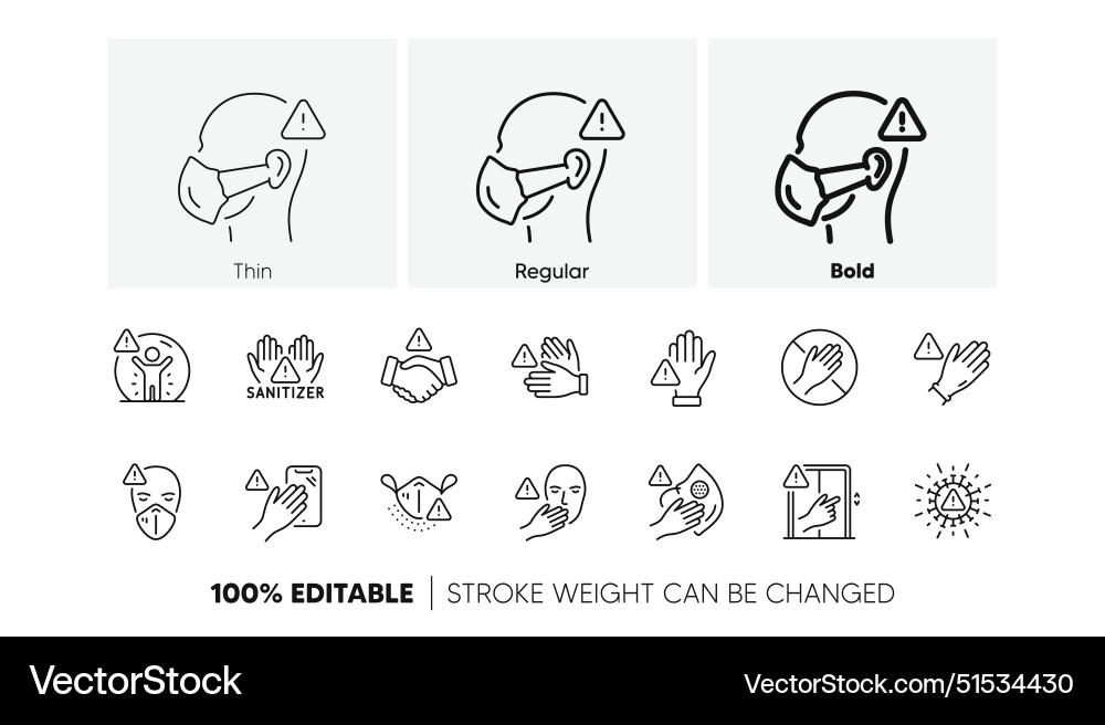 Touch warning line icons stop face wear Royalty Free Vector
