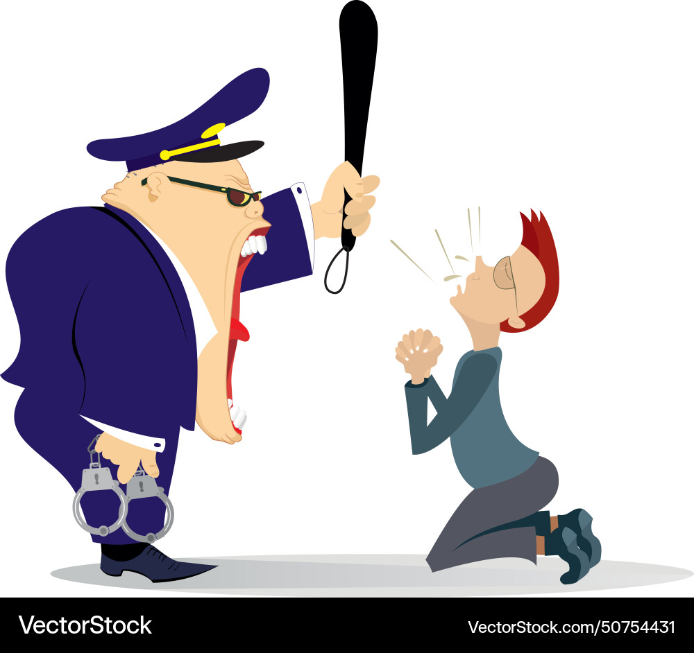 Shouting police officer kneeling man confessing Vector Image