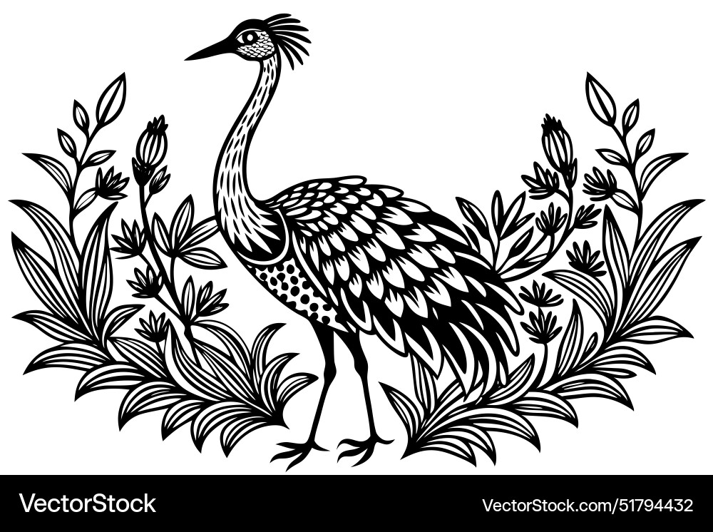 Decorative crane bird design plants around c Vector Image