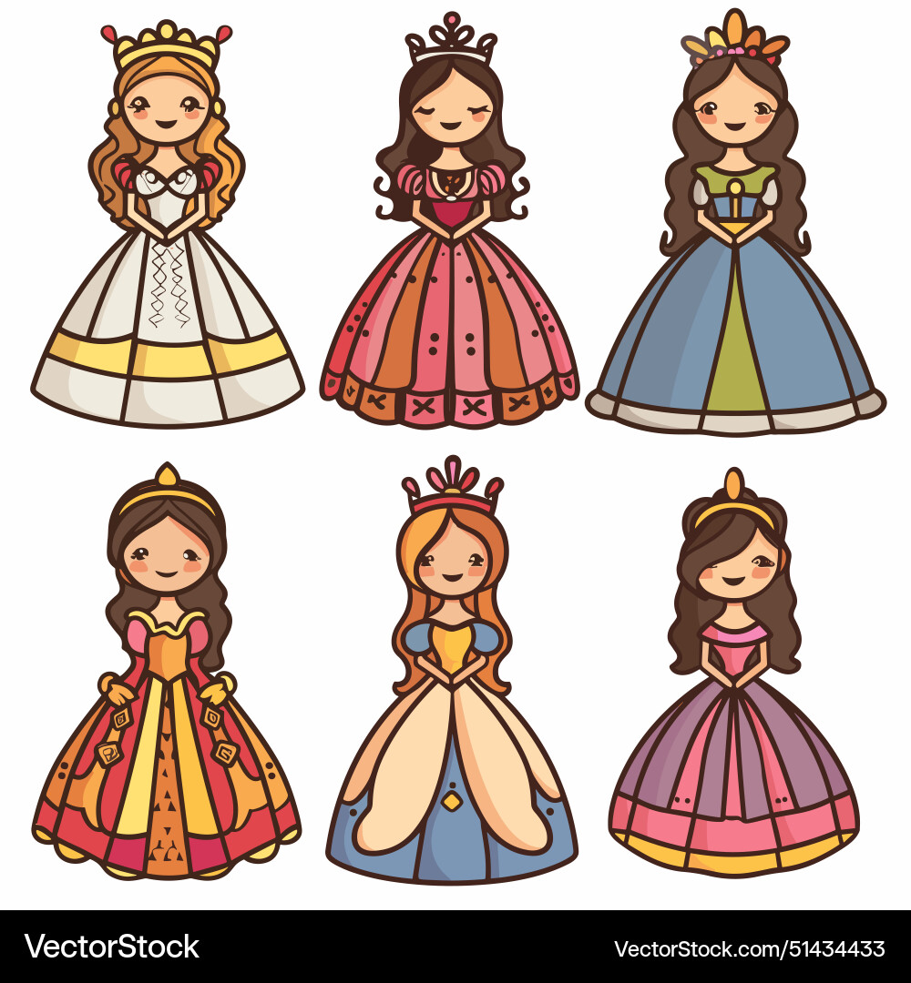 Six cartoon princess characters wearing different Vector Image
