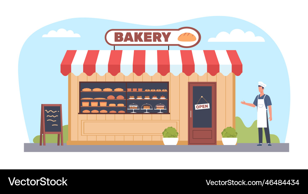 Facade of bakery building with sign open Vector Image