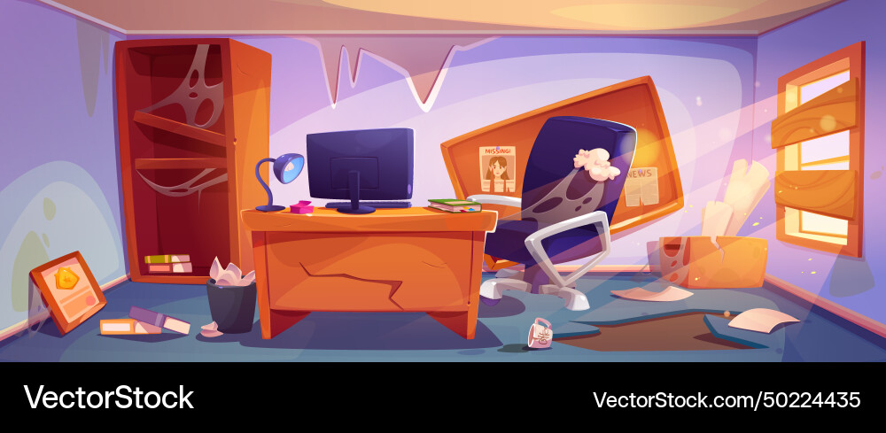 Abandoned and broken detective bureau room Vector Image