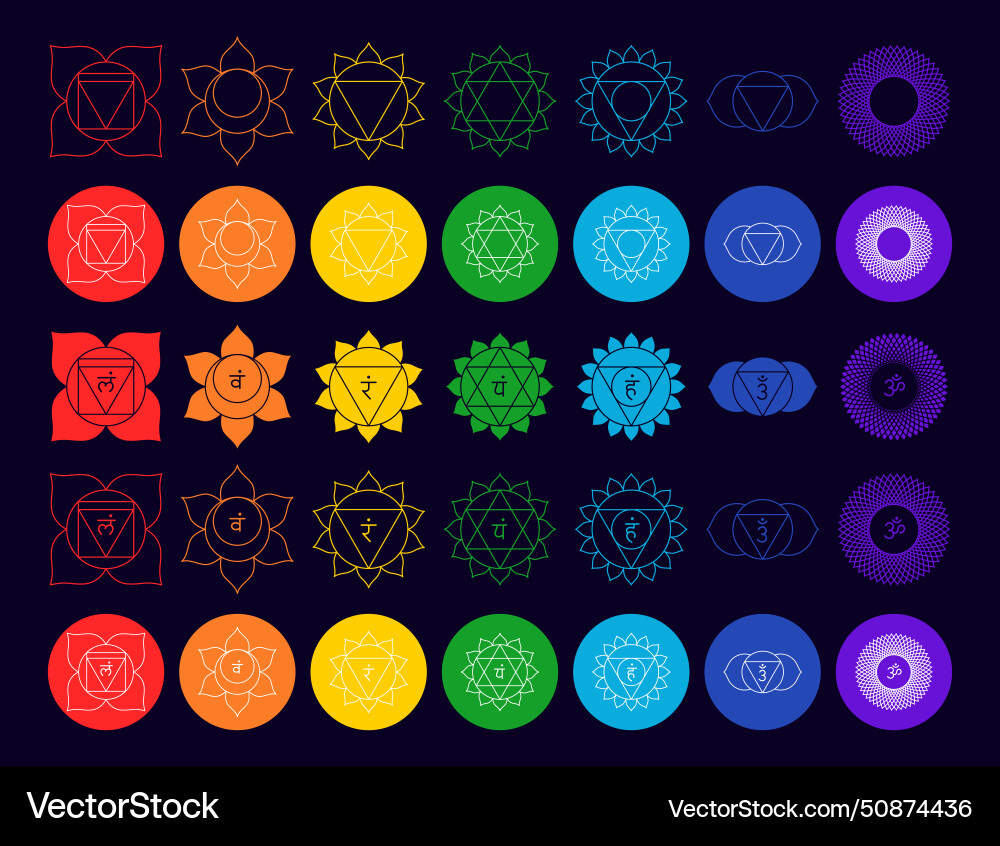 Chakra set line art symbols meditation Royalty Free Vector