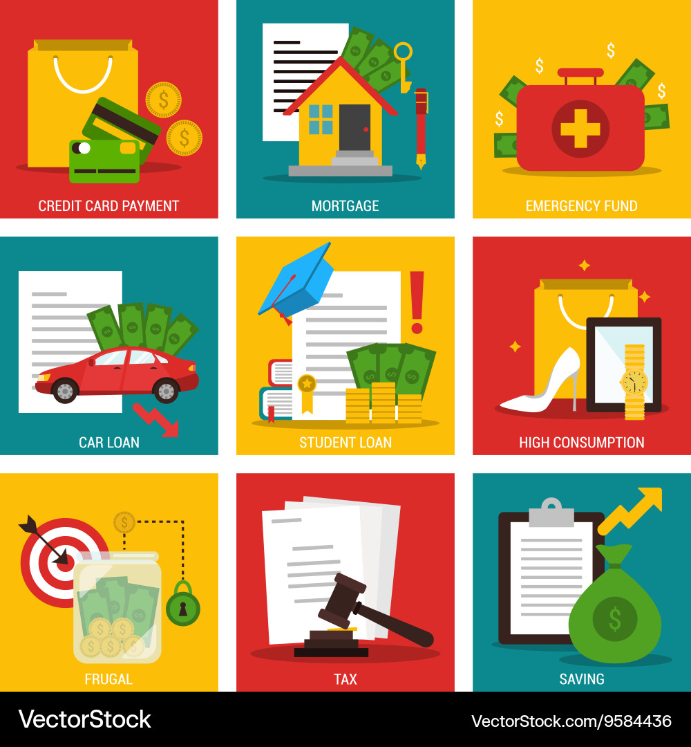 Finance nine flat items concept Royalty Free Vector Image