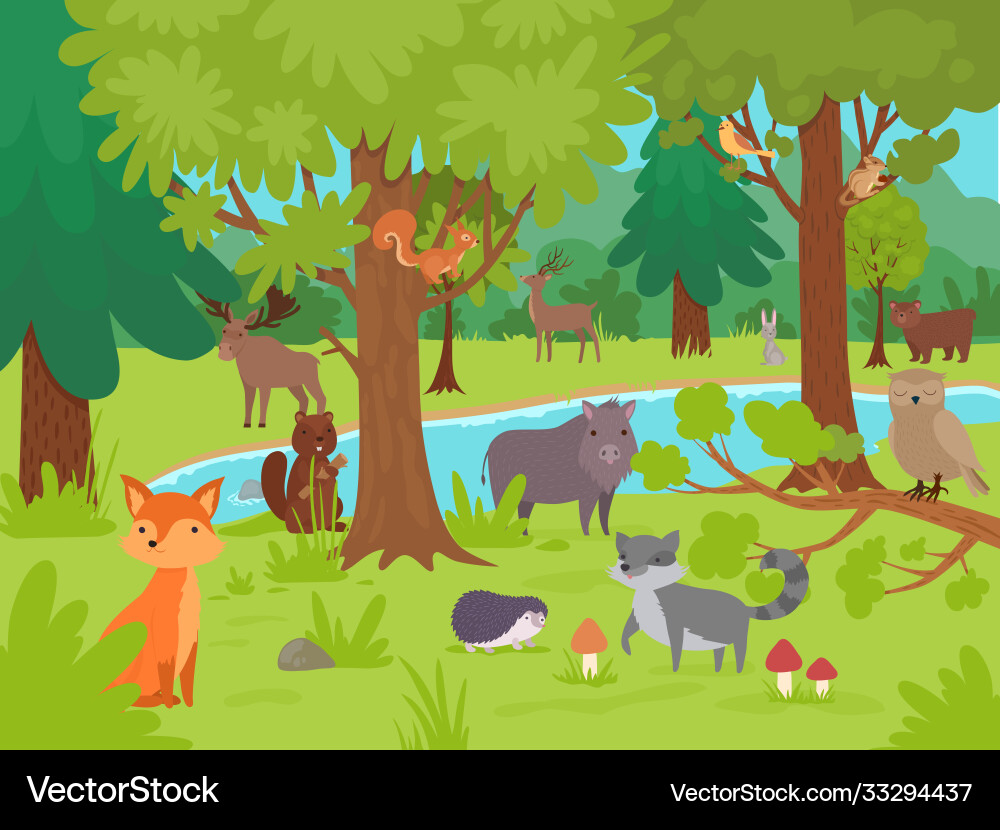 Animals in forest background wild cute happy Vector Image