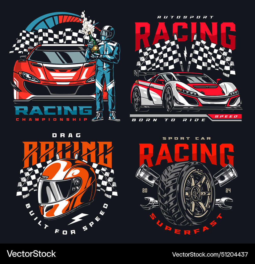 Racing car set posters colorful Royalty Free Vector Image