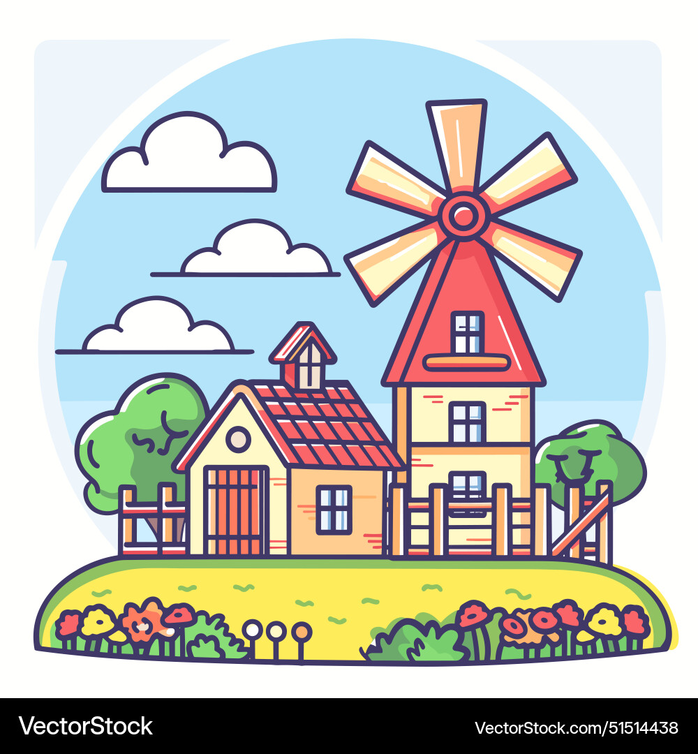 Colorful farm scene windmill Royalty Free Vector Image