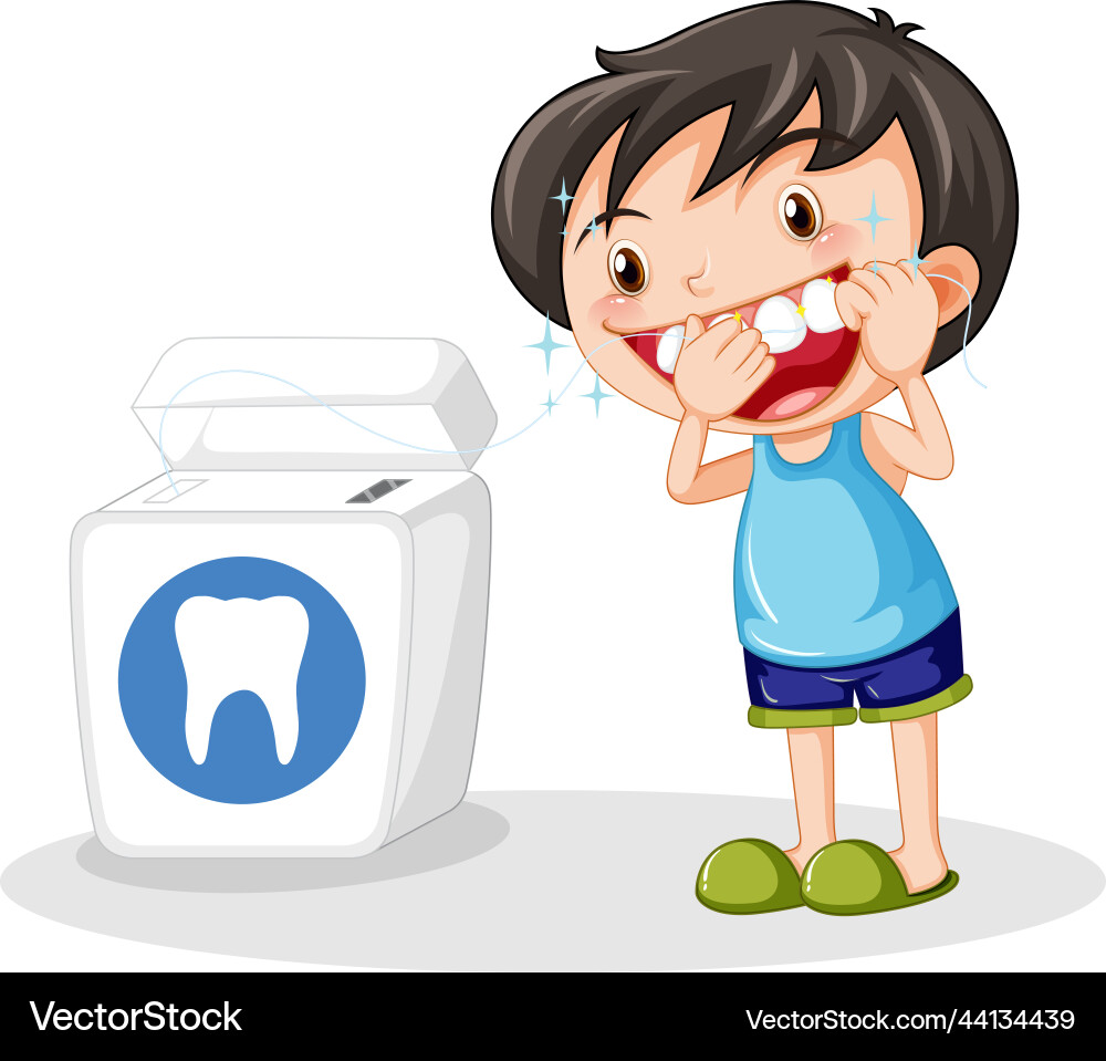 Cute boy cartoon character flossing teeth Vector Image