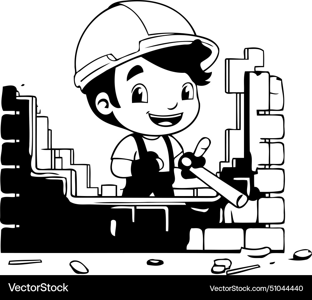 Cartoon boy builder worker building a brick wall Vector Image