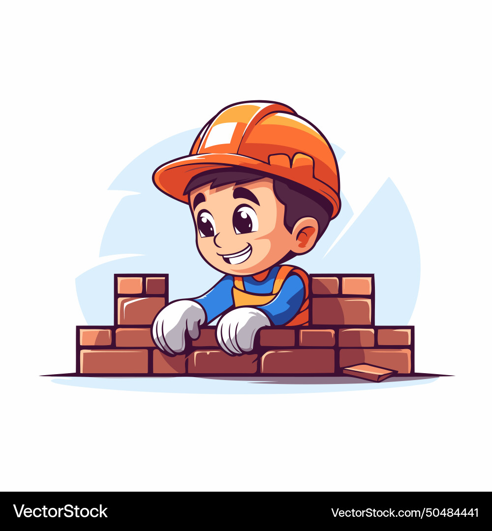 Cartoon little builder boy building a brick wall Vector Image