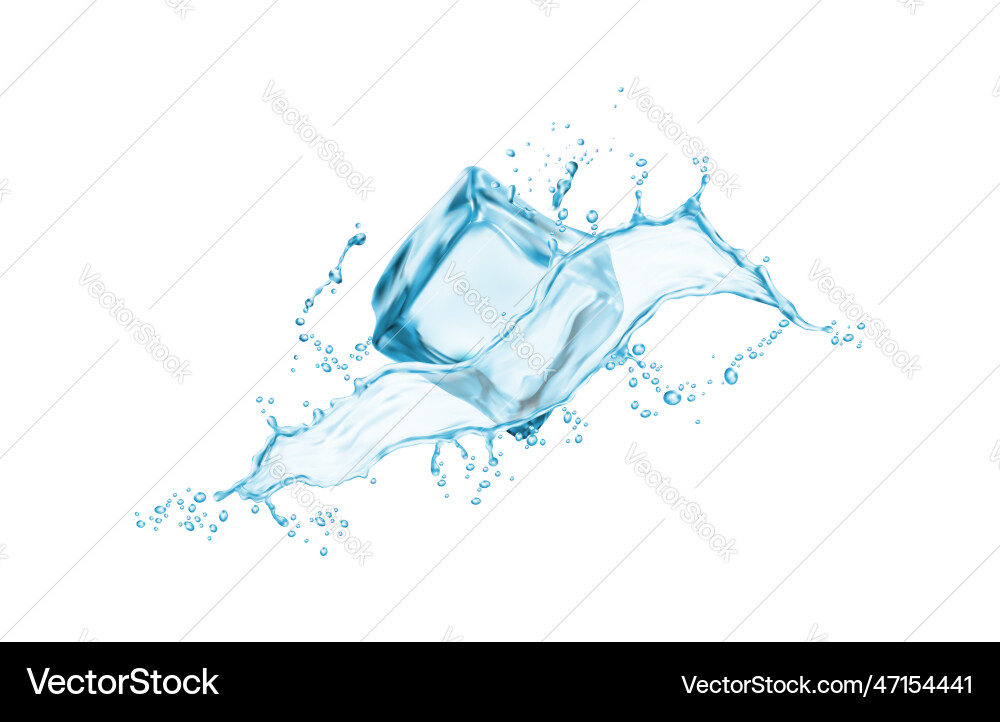 Realistic ice cube with water splash in the air Vector Image