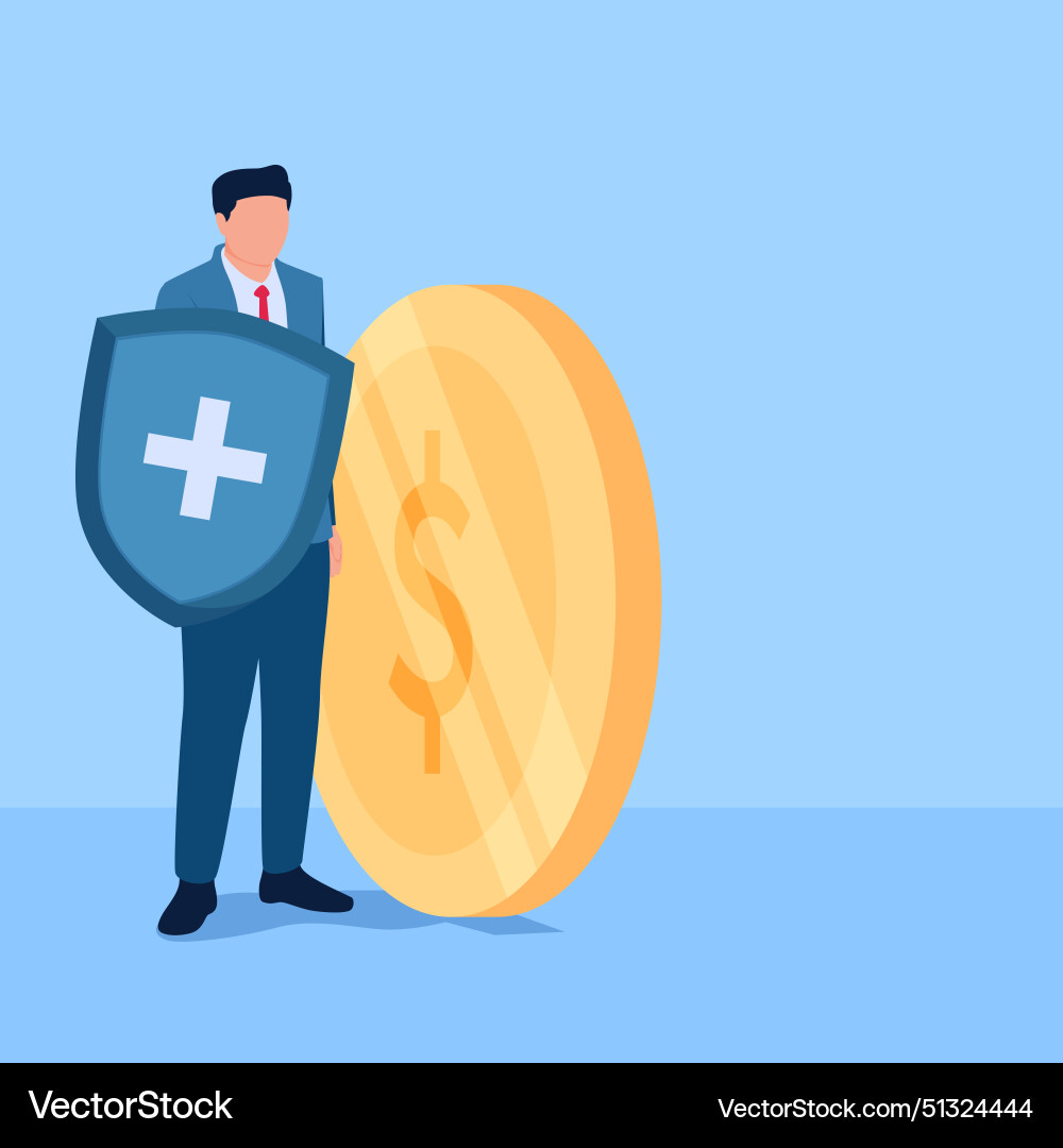Person holding a shield next to coins metaphor Vector Image