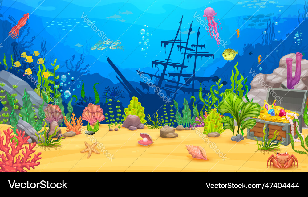 Underwater game landscape with treasure chest Vector Image