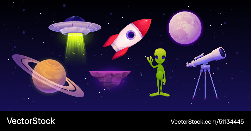 Space rocket game ufo cute alien telescope Vector Image