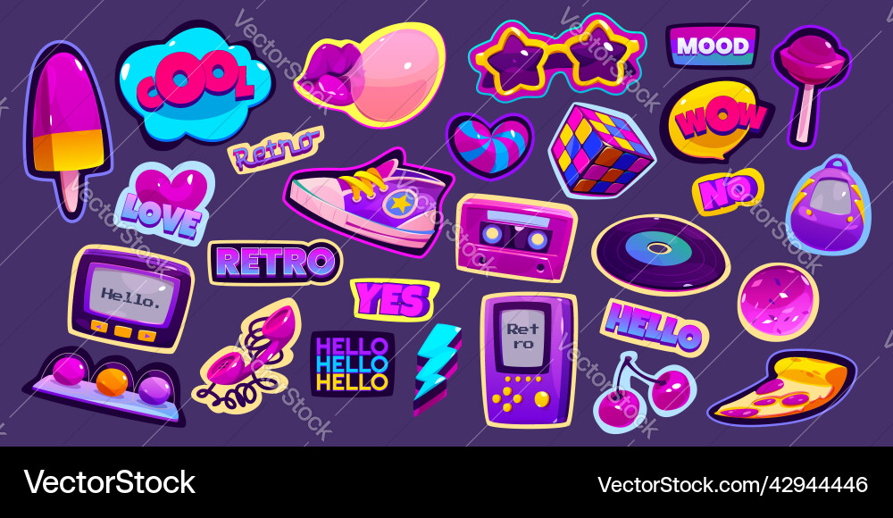 Cartoon retro stickers in 90s style Royalty Free Vector