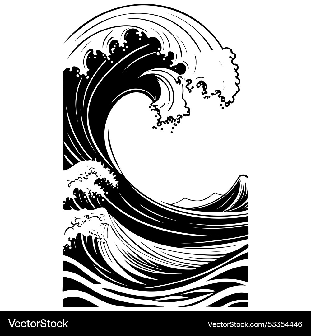 Drawing cartoon ocean wave engraving Royalty Free Vector
