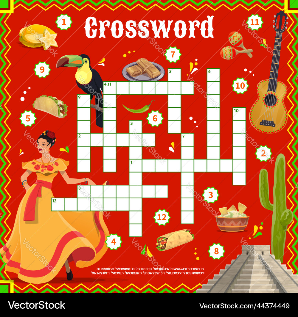 Crossword puzzle game mexican food and objects Vector Image