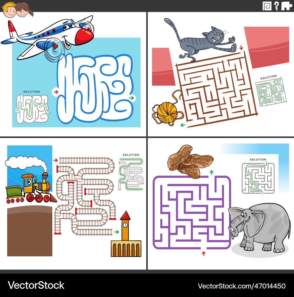 Maze games set with funny comic characters Vector Image